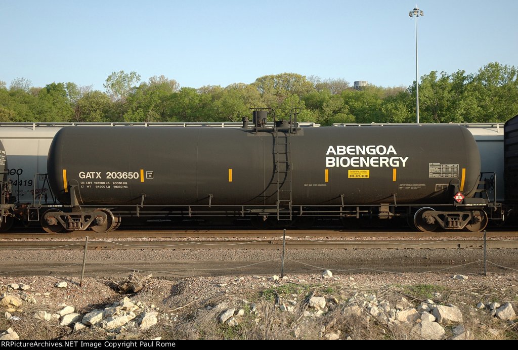GATX 203650, Abengoa Bioenergy, ethanol tank car on BNSF at Gibson Yard